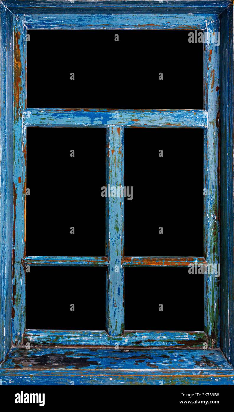 old window frame with remnants of blue paint isolated on black ...
