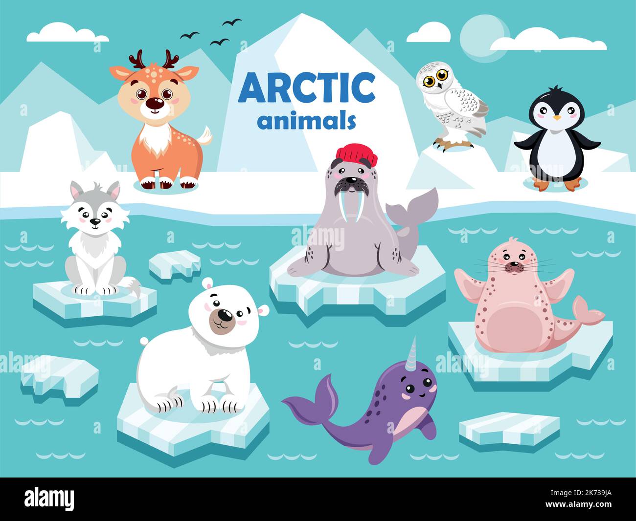 Animals of the Arctic. Bear, deer, owl, narwhal, penguin, walrus, wolf ...