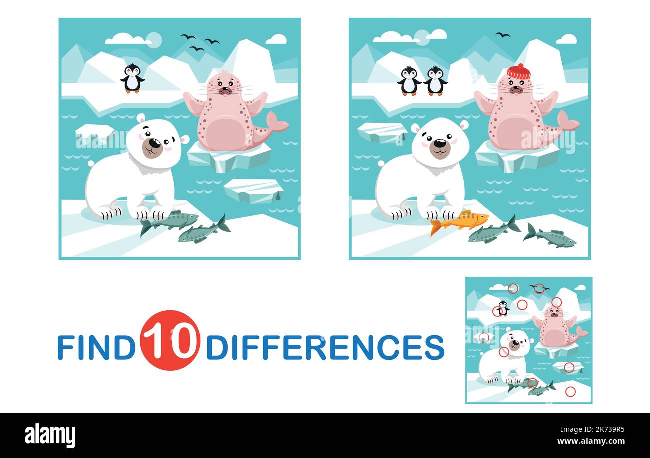 Educational game for children. Find differences. Cute arctic animals in winter Stock Vector ...