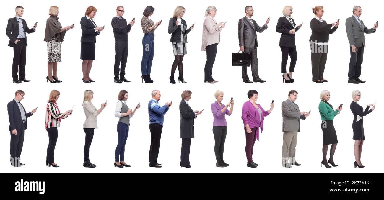 group of people profile holding phone in hand isolated Stock Photo - Alamy