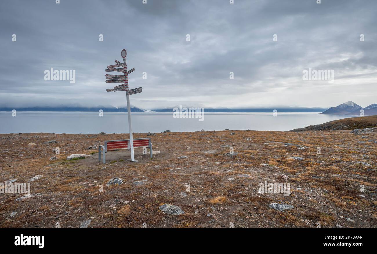 Bench and a signpost with distances overlooking the Arctic Ocean at the ...