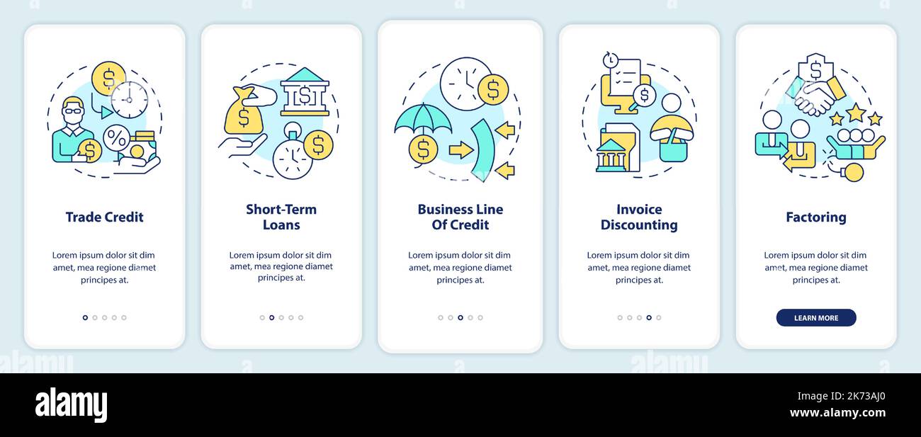 Sources of short term financing onboarding mobile app screen Stock ...