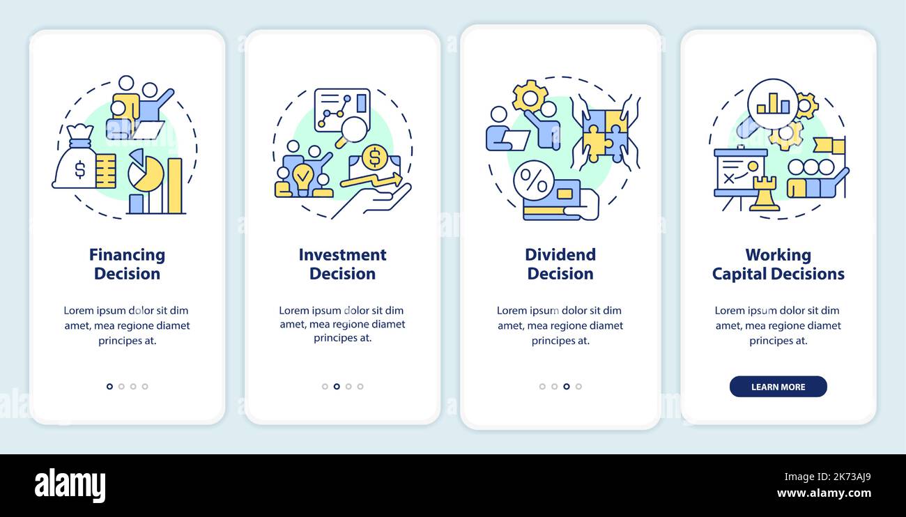 Types of financial decisions onboarding mobile app screen Stock Vector ...