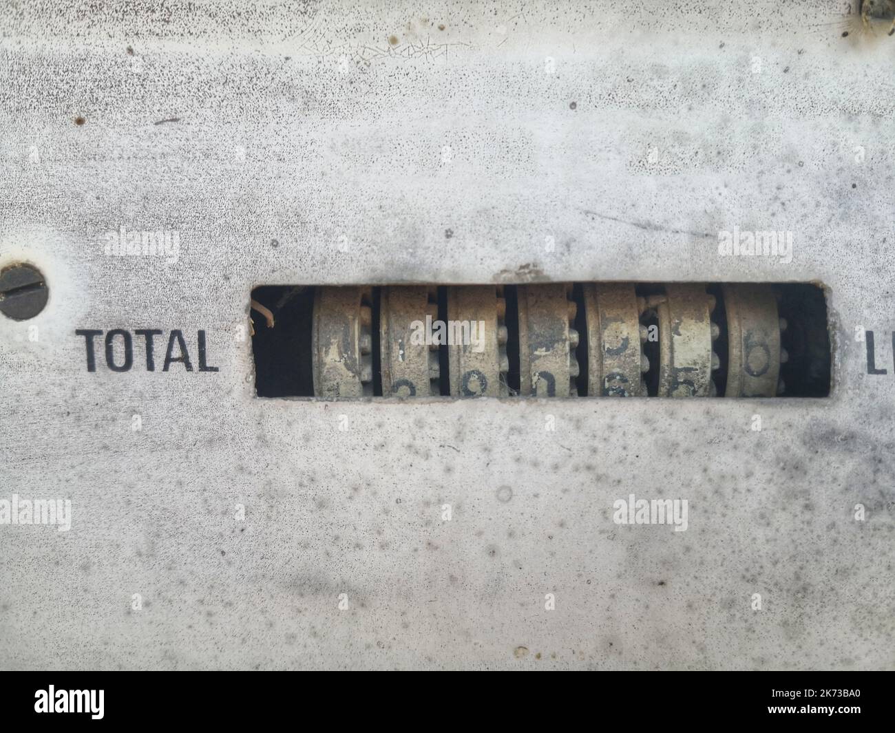 Close up shot of the rolling number counter on an old fuel pump Stock ...
