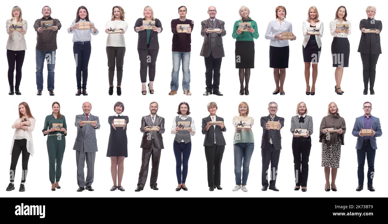 group of happy people with gifts in their hands isolated Stock Photo ...
