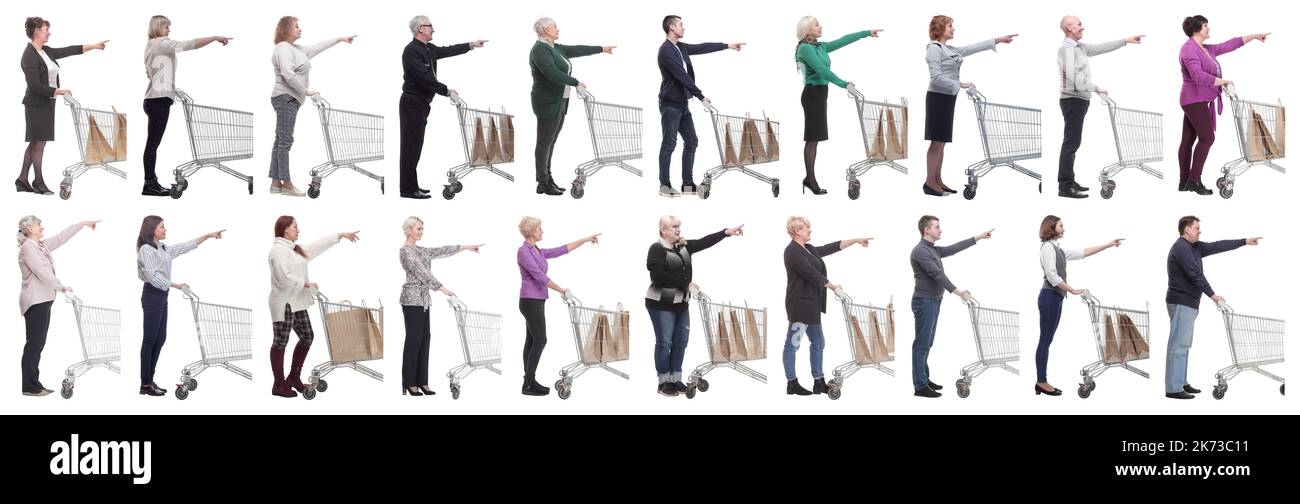 a group of people with a shopping cart point their fingers in front of ...