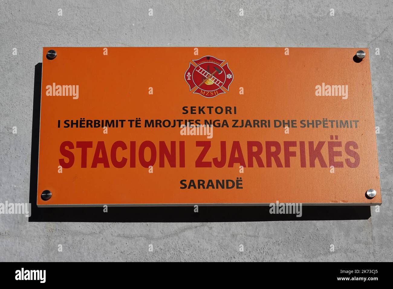 Sign, fire brigade in Saranda, Republic of Albania Stock Photo - Alamy