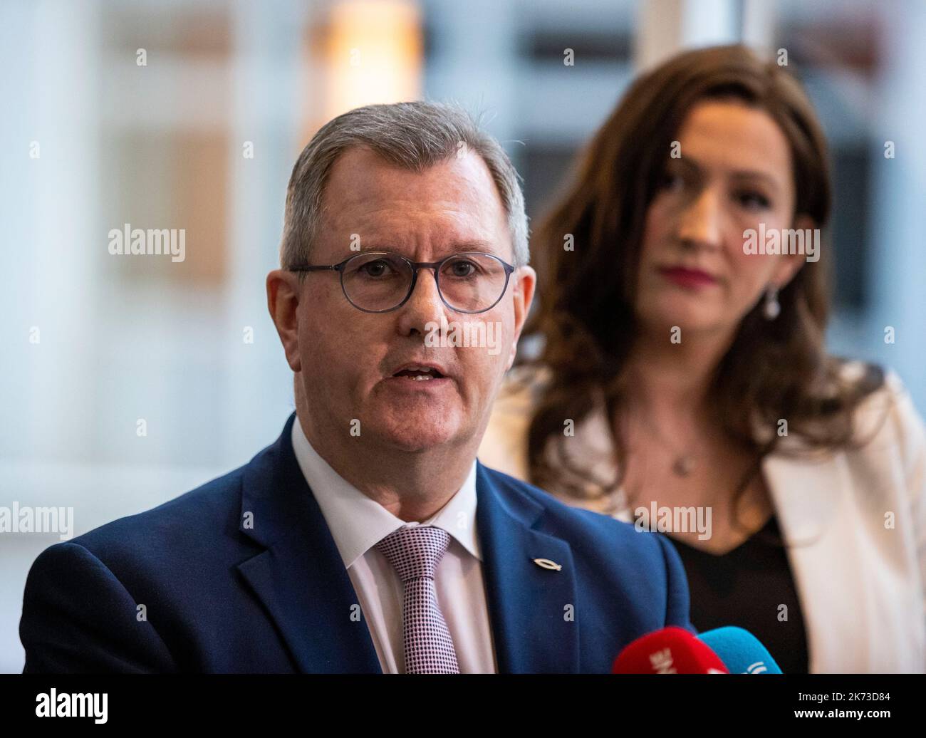 Sir Jeffrey Donaldson MP, leader of the DUP, gives his reaction after ...