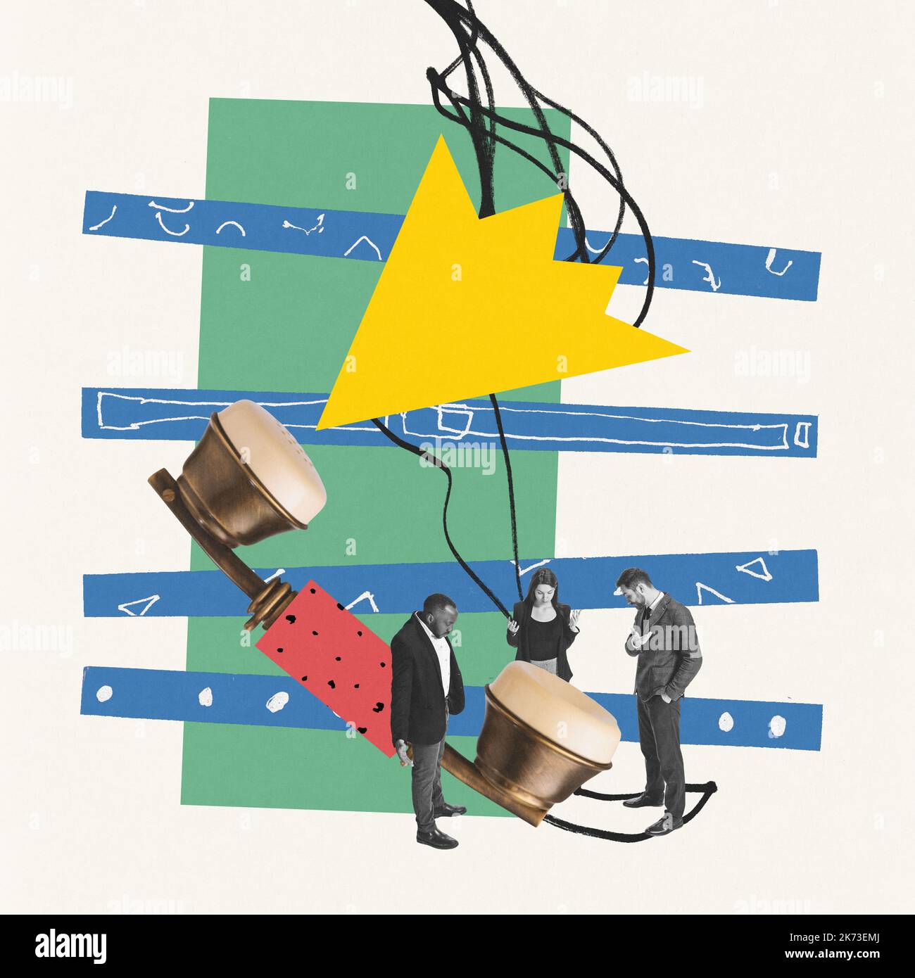 Contemporary art collage. Business people, team having important ...