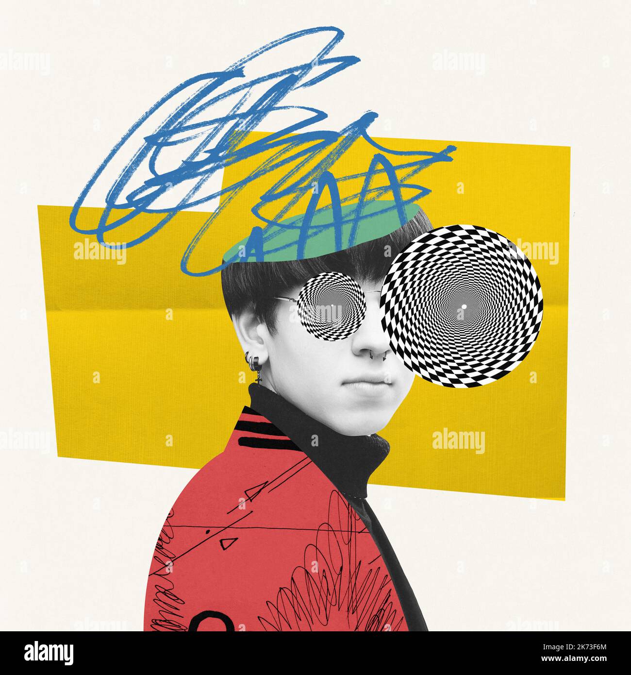 Contemporary art collage. Young man, employee, trainee, generating ...