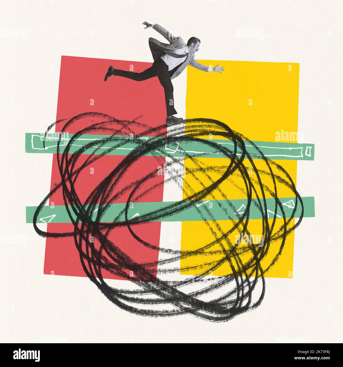 Contemporary art collage. Businessman running on drawn chaotic design ...