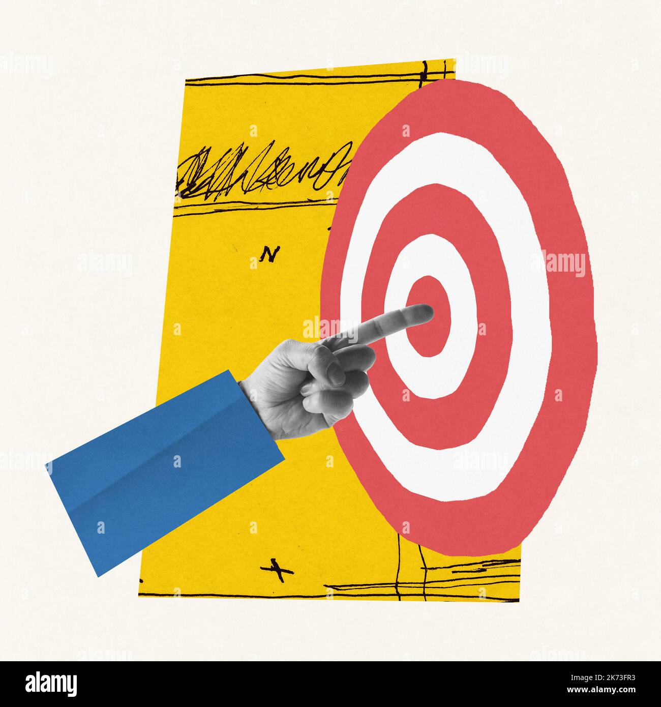 Contemporary art collage. Conceptual image of hand pointing on aim ...