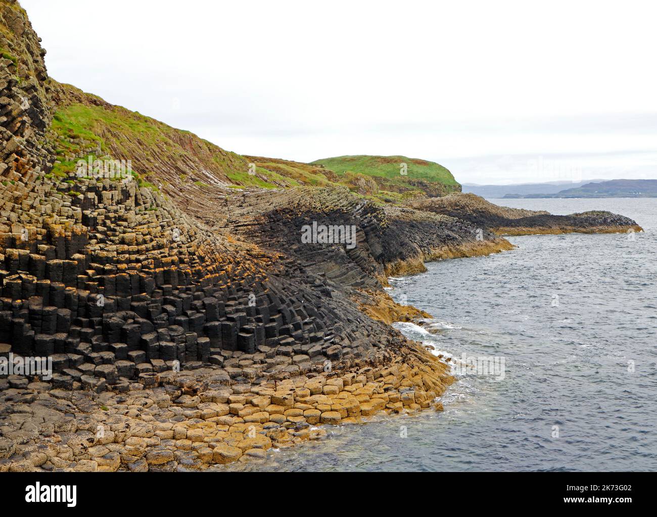 A view of jointed and contorted Paleocene basalt columns along the east ...