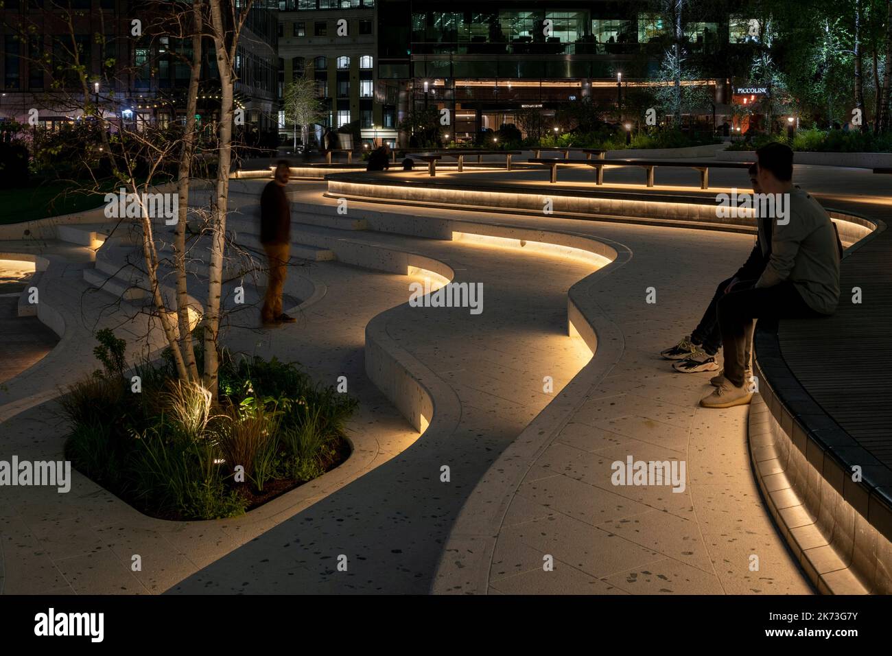 View of steps/seating with integrated lighting. Exchange Square, London ...