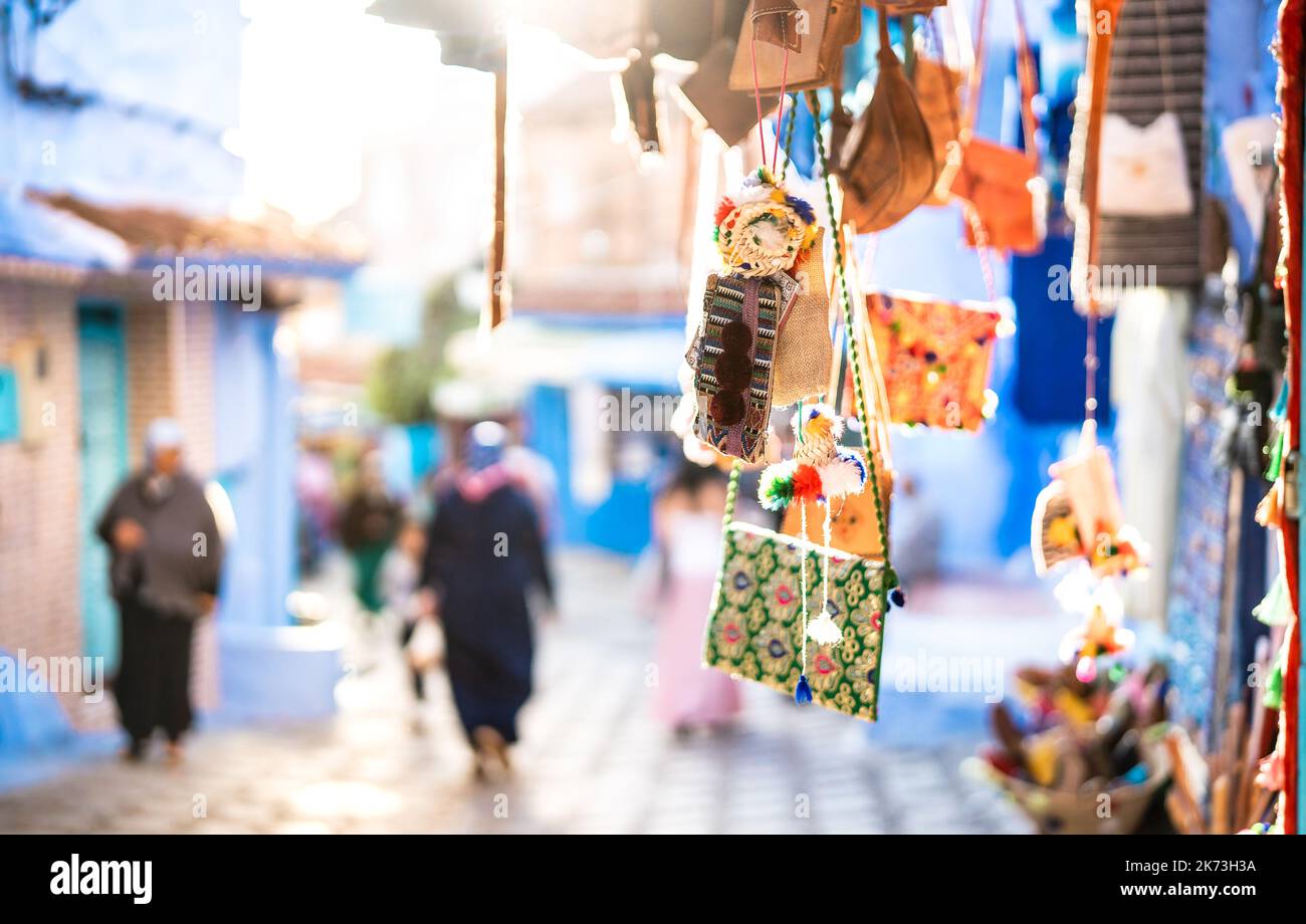 Handcraft textile bags and souvenirs at street market along Chefchaouen ...