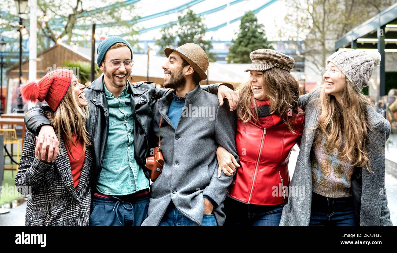 Trendy friends group walking at London city center - Next generation ...
