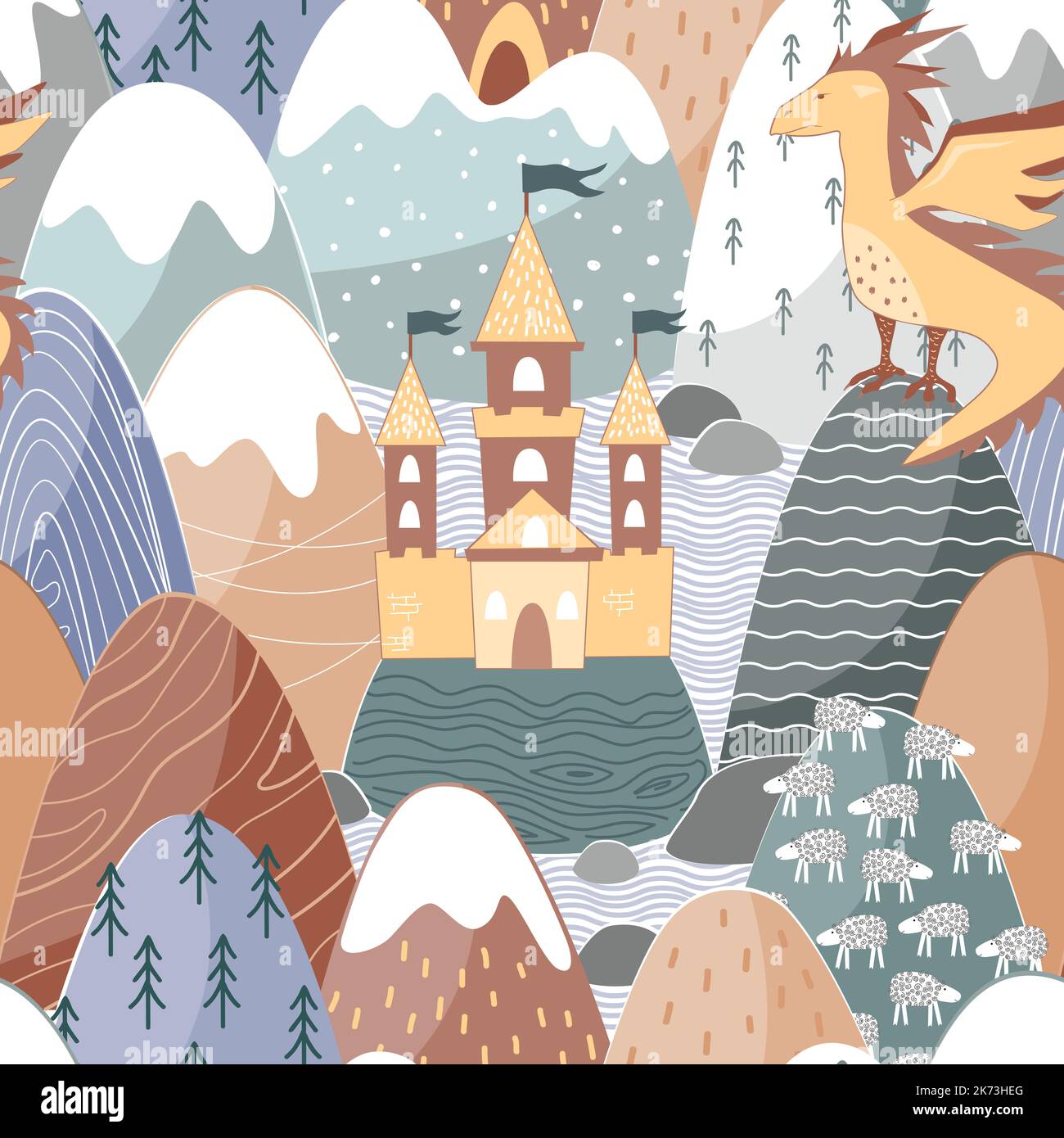 Fairy tale seamless pattern with cute dragon, magic castle, and ...