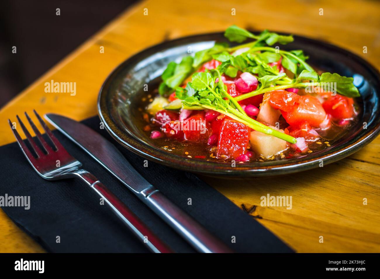 Watermelon Tartare appetiser of Smoked watermelon cubes, pickled ...
