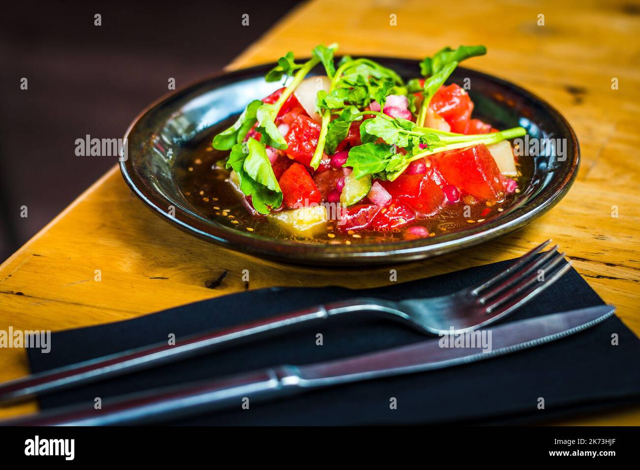 Watermelon Tartare appetiser of Smoked watermelon cubes, pickled ...