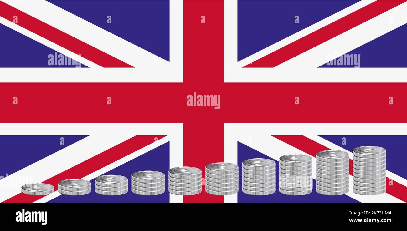 Stacks of silver pound coins on the background of the UK flag Stock ...