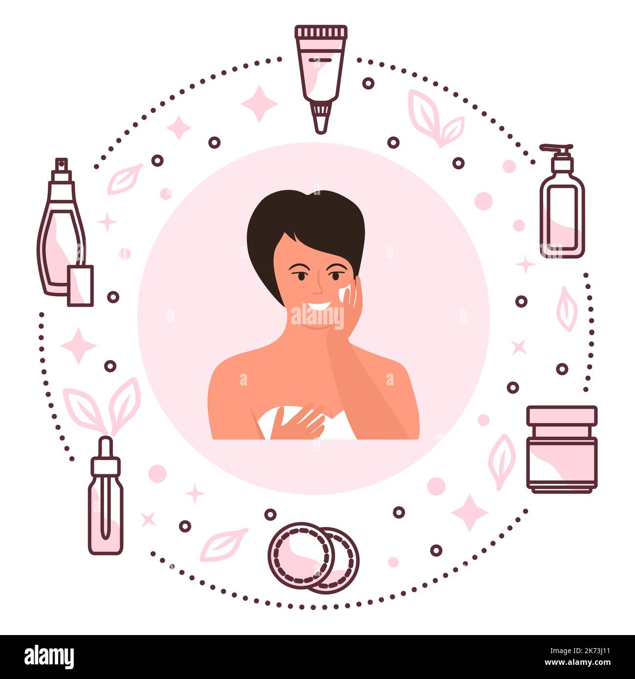 Vector illustration Cosmetic products ad, skin care ad. Woman applying ...