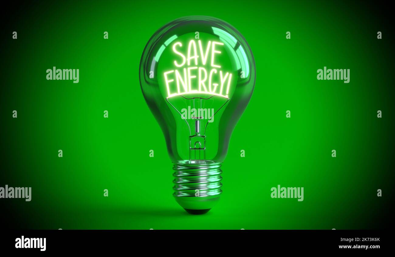 Save energy - lightbulb on green background - 3D illustration Stock ...