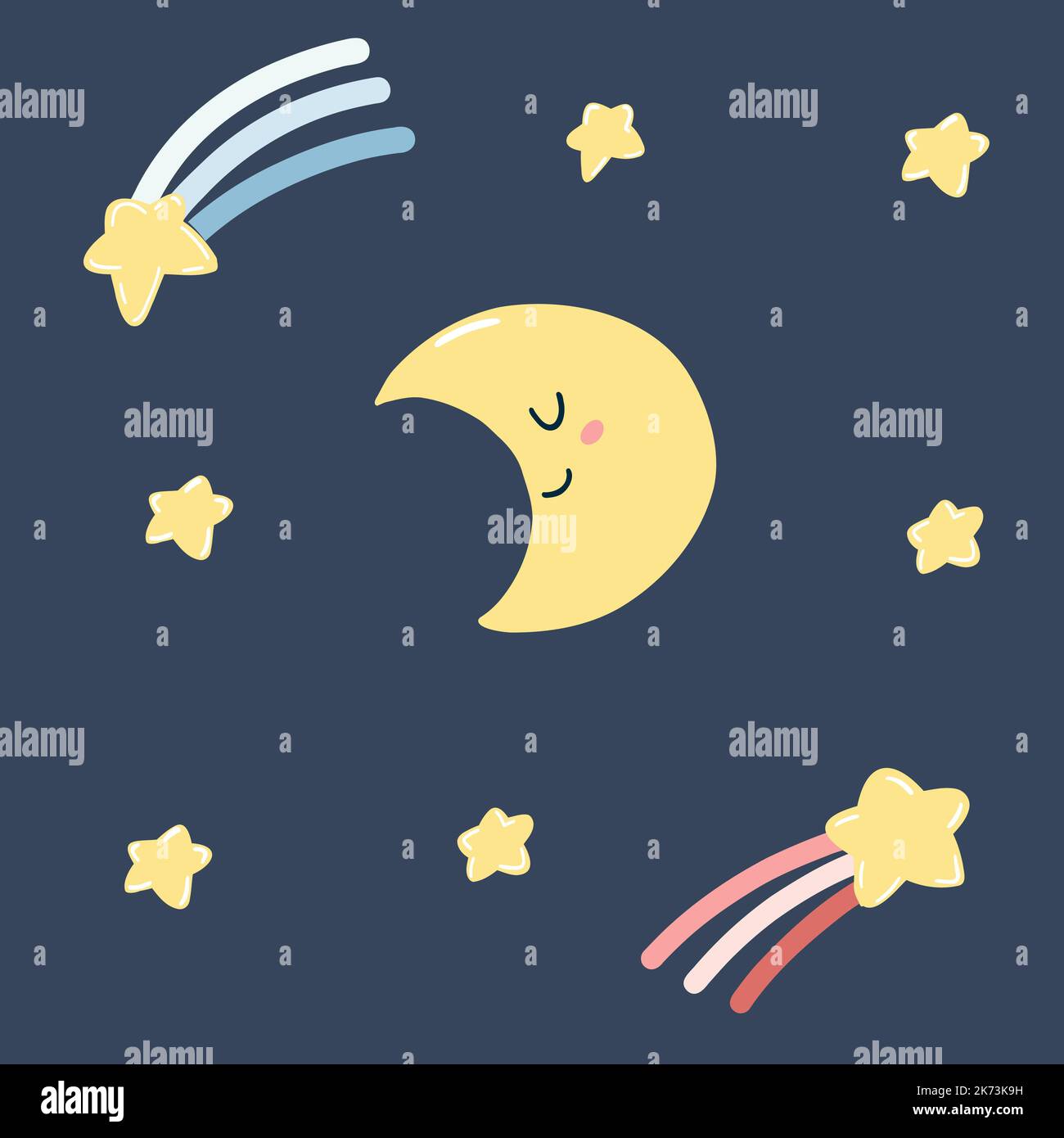 Cute hand drawn kawaii moon and falling stars in cartoon flat style ...