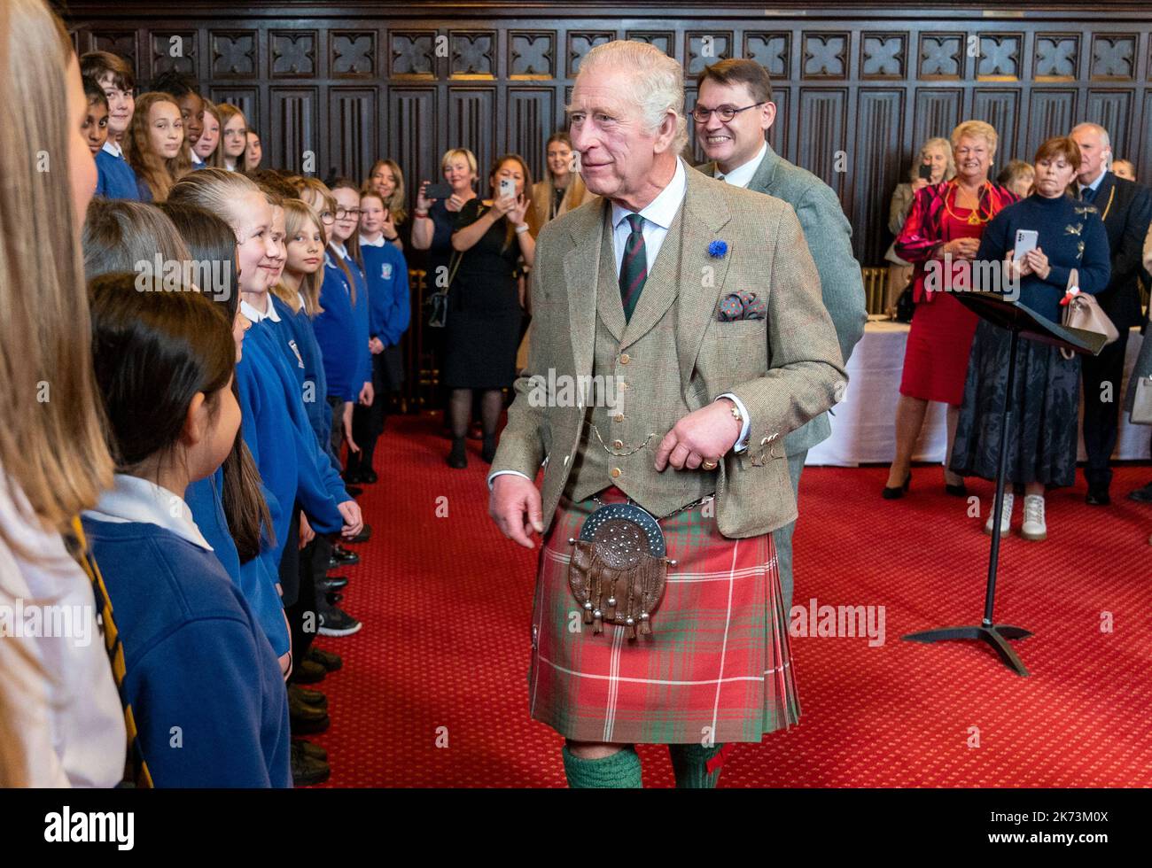 King Charles III meets pupils from Dyce Primary School during a visit ...