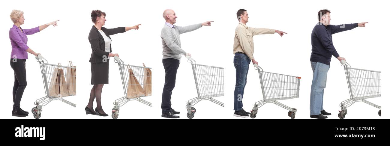 a group of people with a shopping cart point their fingers in front of ...