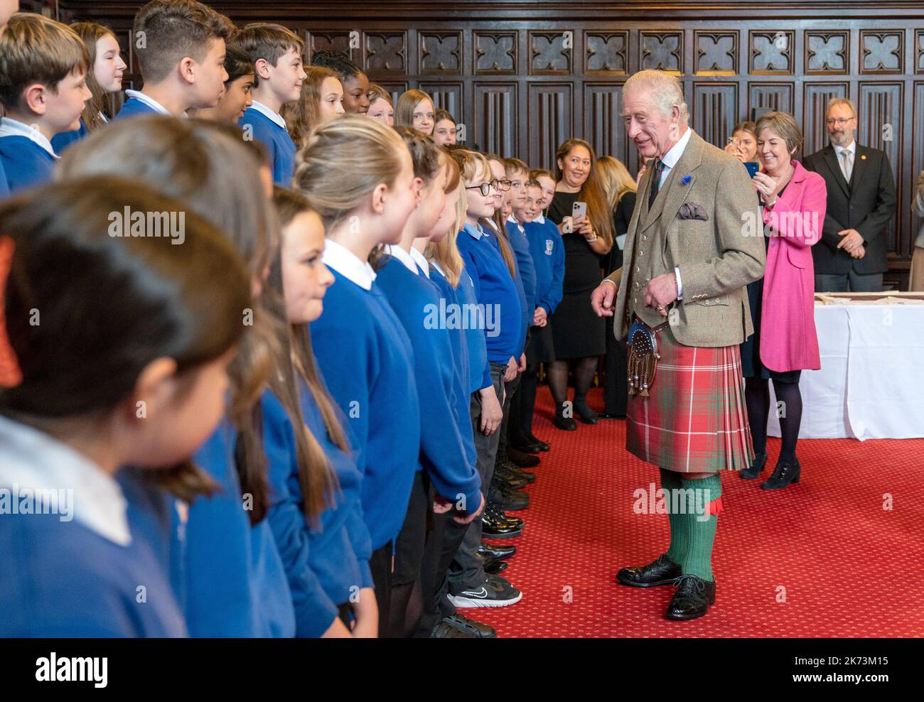 King Charles III meets pupils from Dyce Primary School during a visit ...