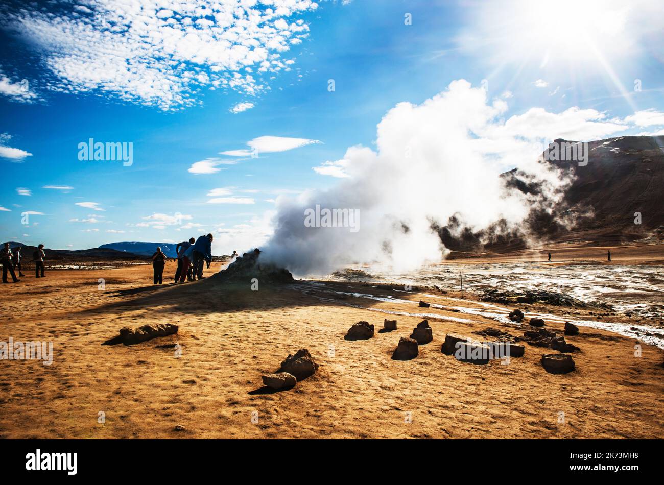Geyser in Hverir, a geothermal area known for its bubbling pools of mud ...