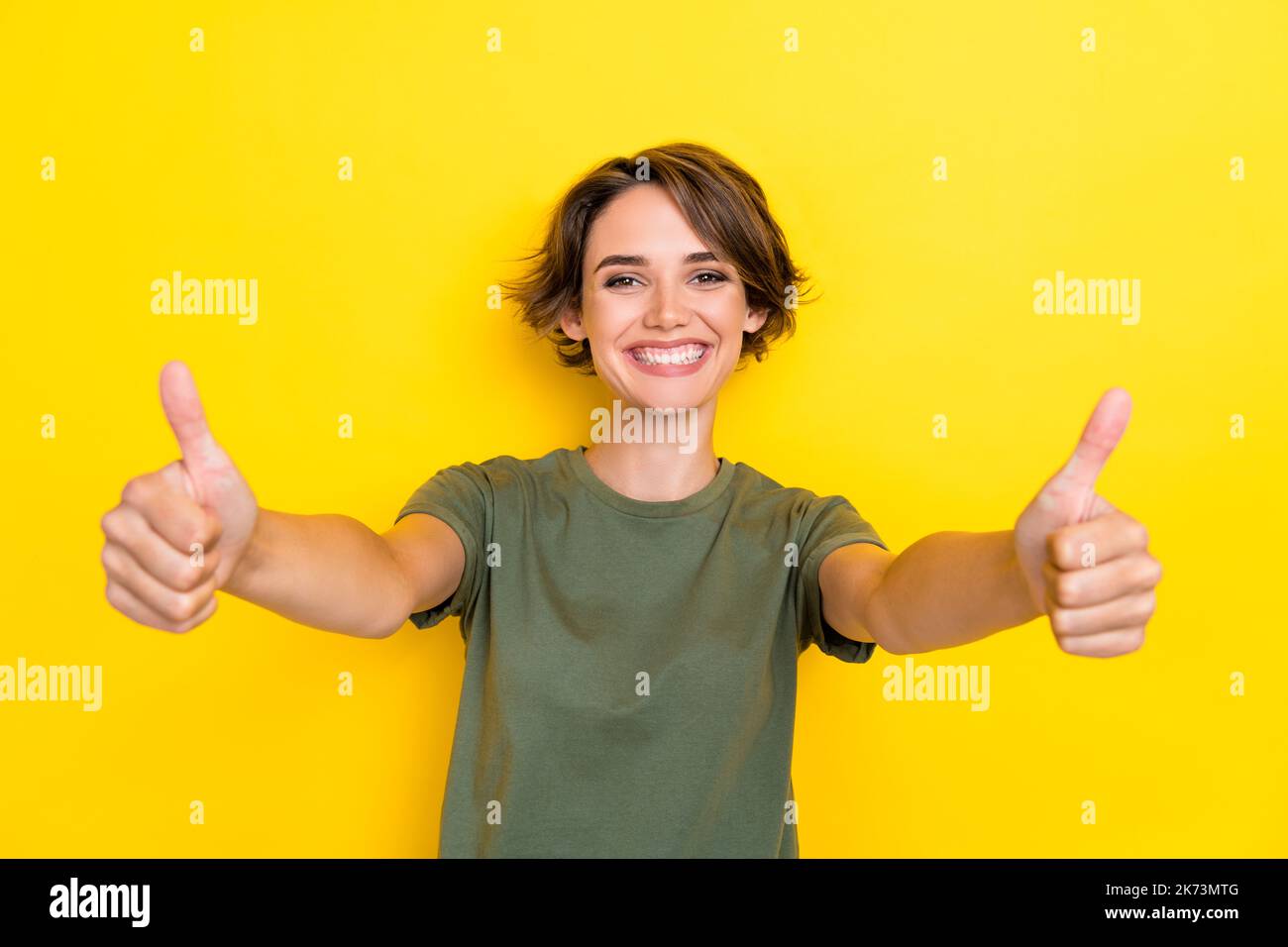Close up photo of overjoyed pretty lady stylish wear arms demonstrate ...