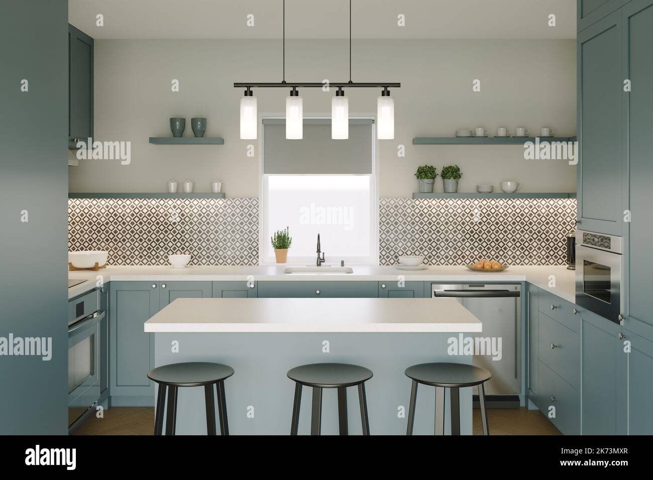 3D rendering of a kitchen with tall cabinets and kitchen utensils Stock ...