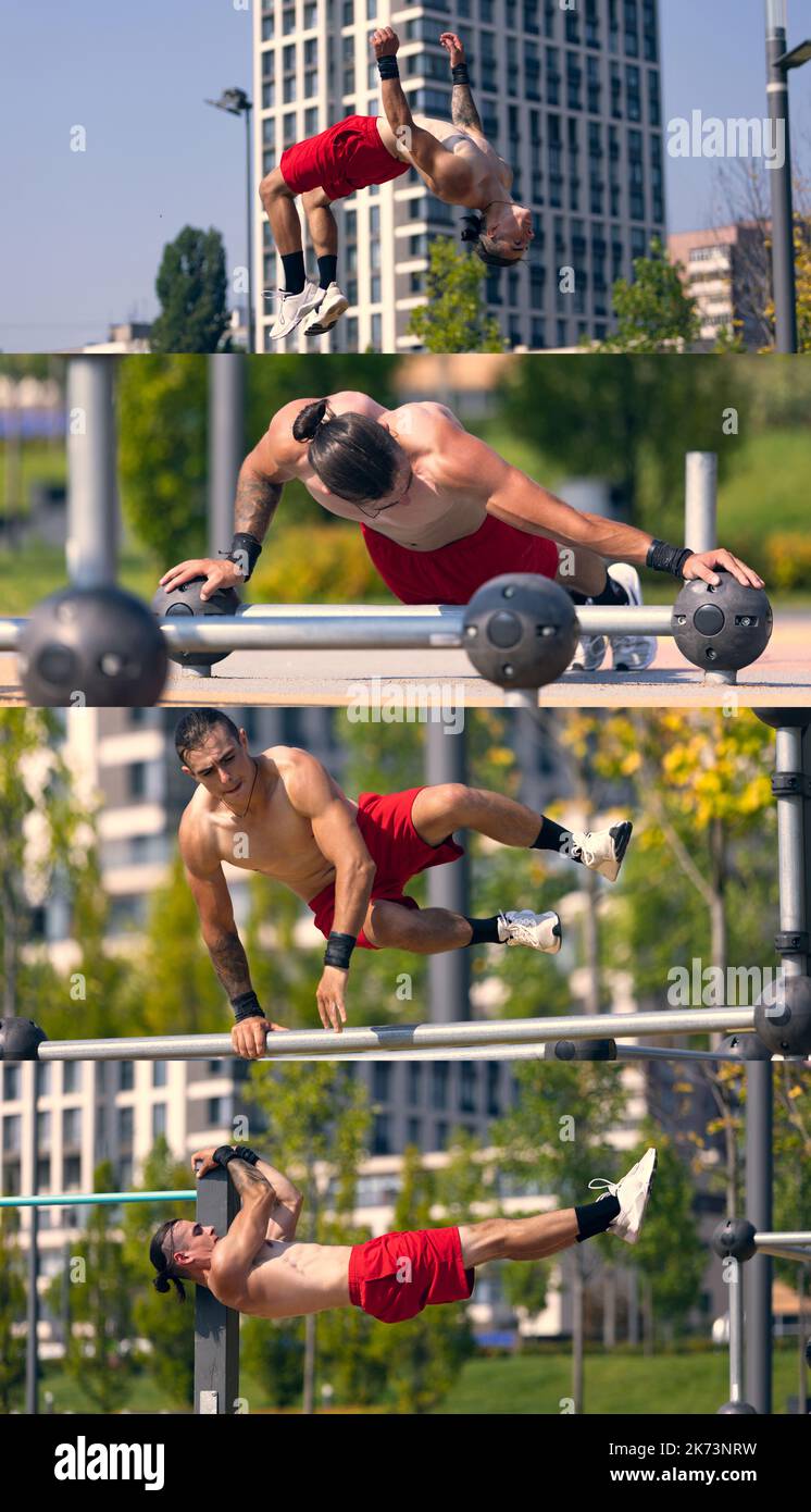 Collage. Young strong muscular man doing strength exercises on workout ...