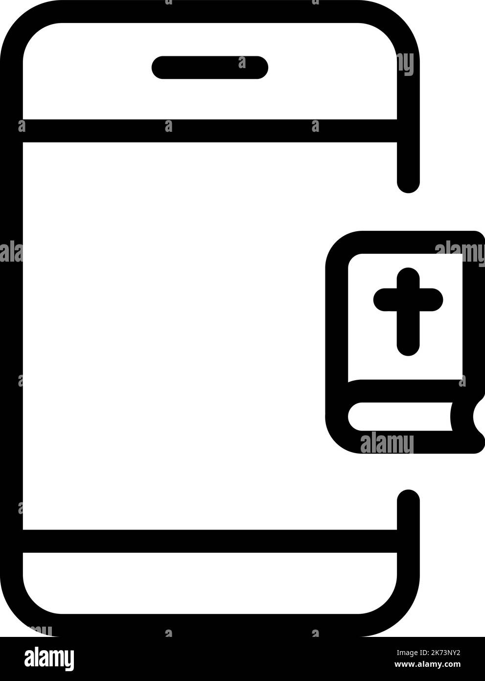 Holy bible with cross and smartphone vector line icon. telephone linear ...