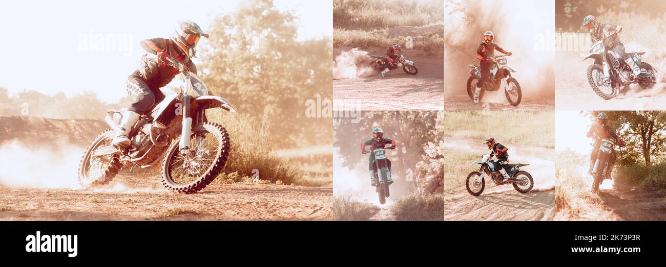 Collage with images of male sportsman training on motorbike at hot ...