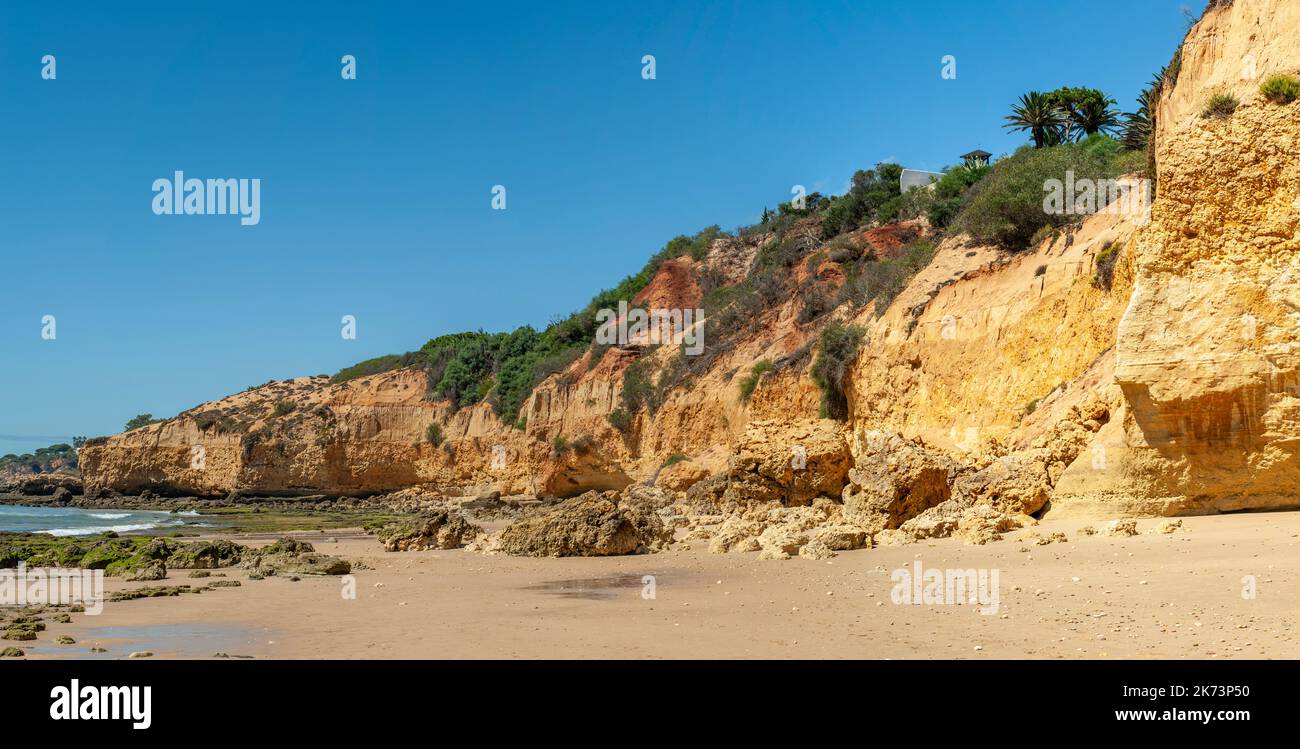 Maria Luisa beach with rock formation in Albufeira, Algarve, Portugal ...