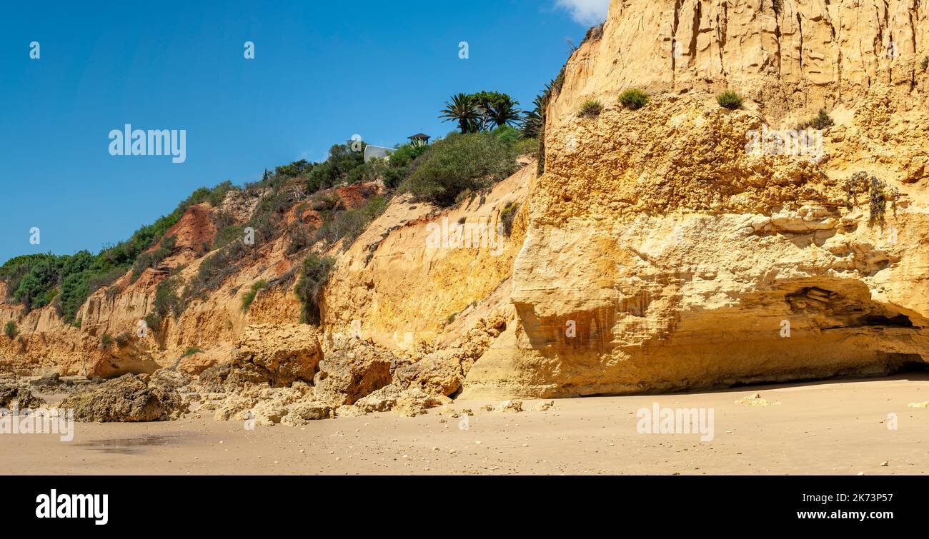 Maria Luisa beach with rock formation in Albufeira, Algarve, Portugal ...