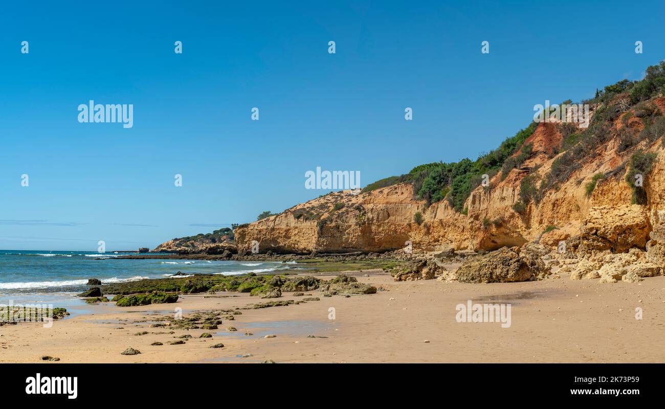 Maria Luisa beach with rock formation in Albufeira, Algarve, Portugal ...