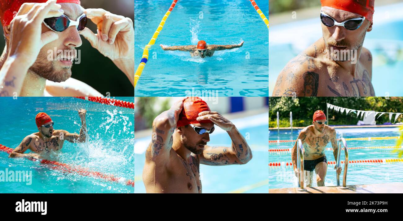 One athlete, male professional swimmer in goggles and red swimming cap ...