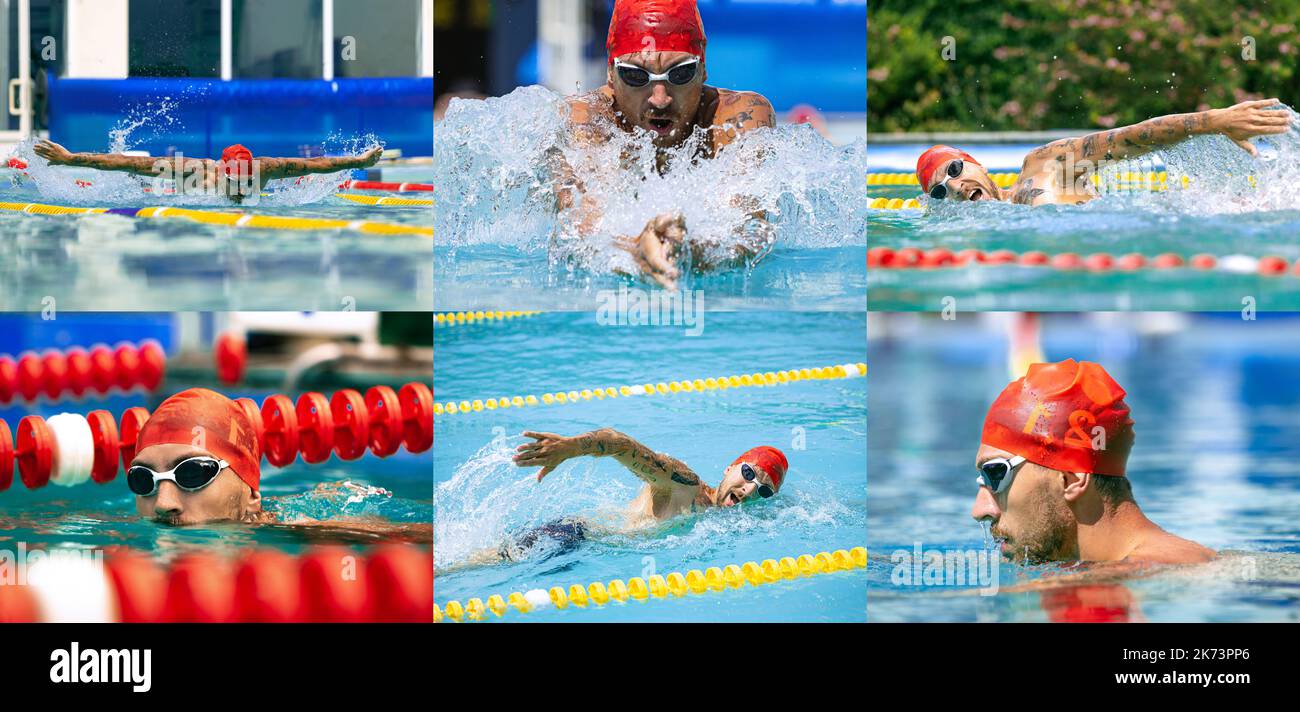 Water sports. Male professional swimmer in goggles and red swimming cap ...