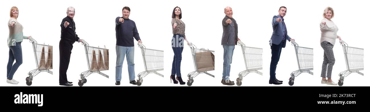 a group of people with a shopping cart point their finger at the camera ...