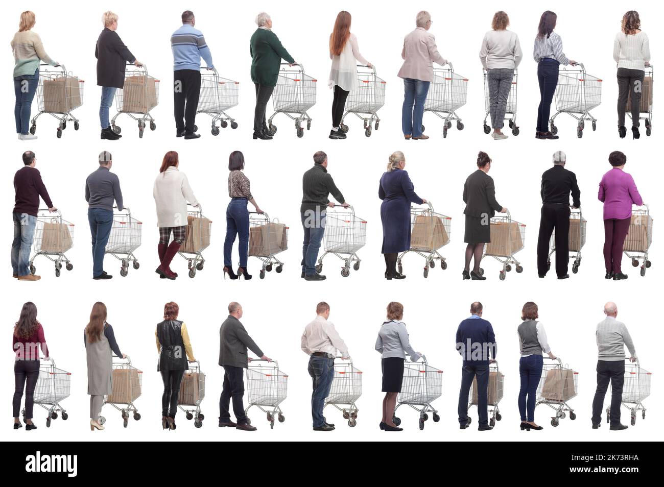 a group of people with a cart stand with their backs isolated Stock ...