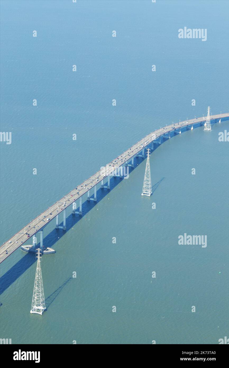 An aerial view of the San Mateo Hayward Bridge in San Francisco ...