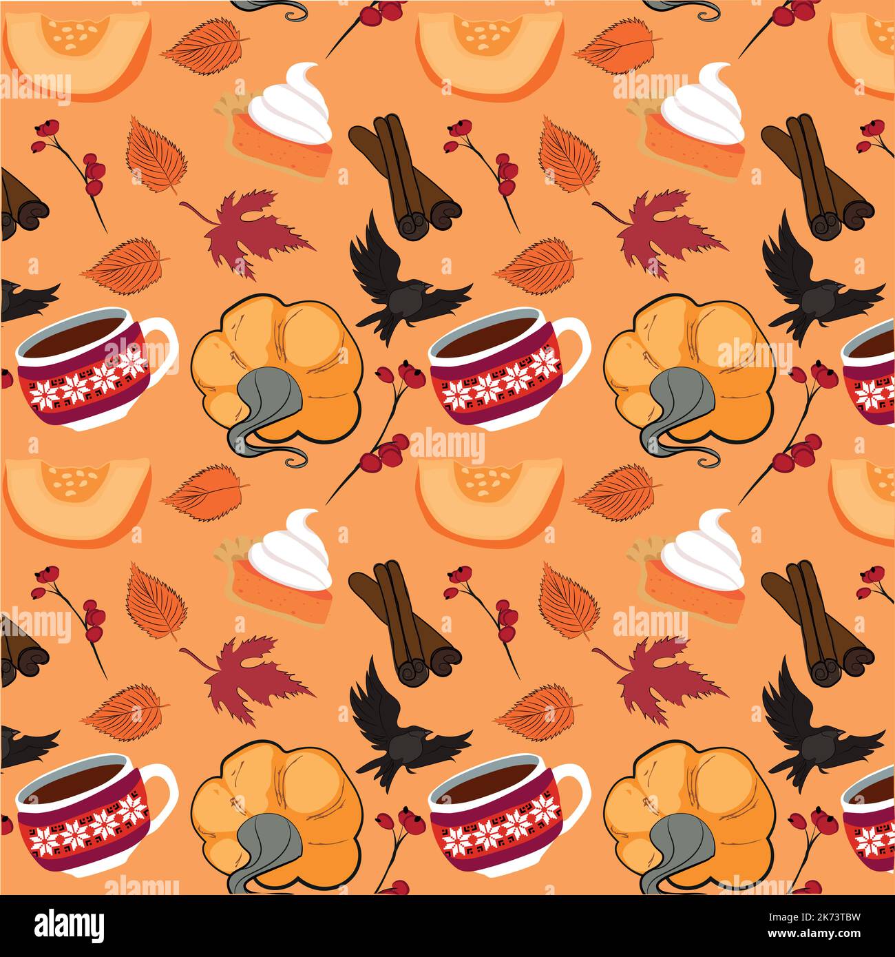 Autumn pumpkins with teal background pattern. Maple leaves, sunflowers ...