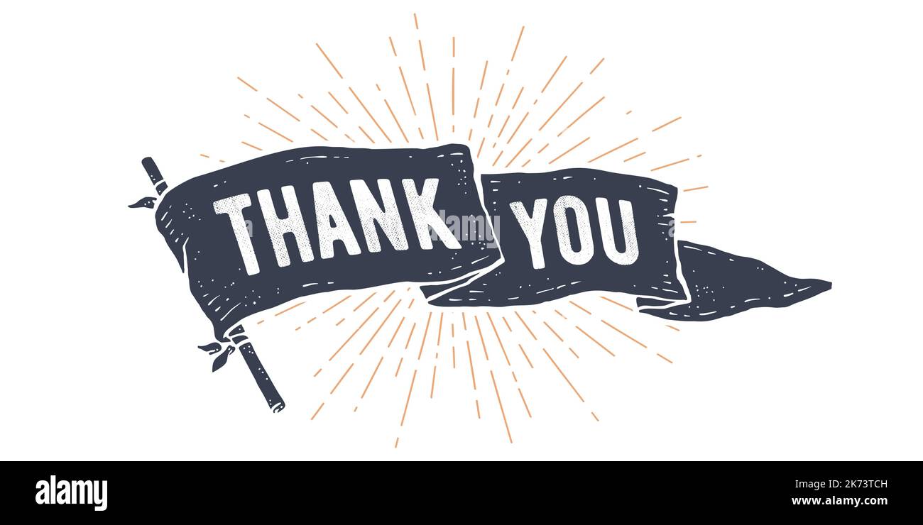 Thank You. Retro greeting card with ribbon flag and text Thank You. Old ...