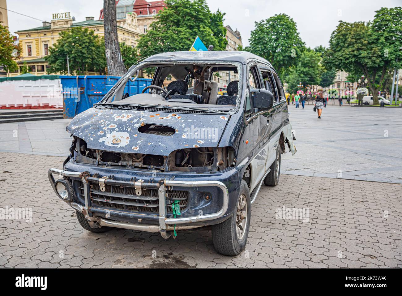 A car shot during the fighting at an exhibition in Lviv, Ukraine Stock ...