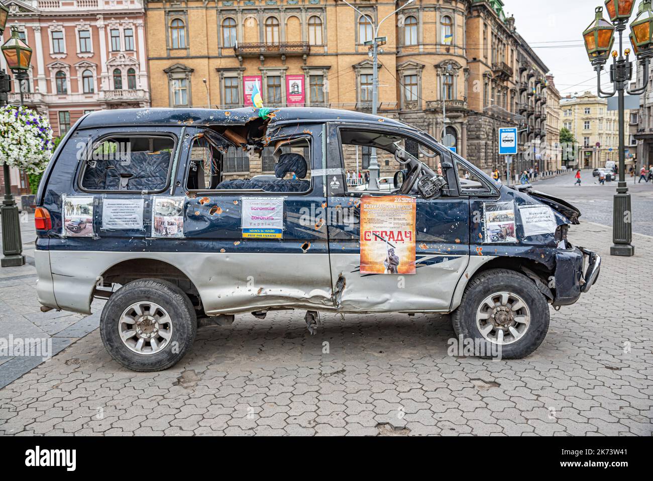A car shot during the fighting at an exhibition in Lviv, Ukraine Stock ...