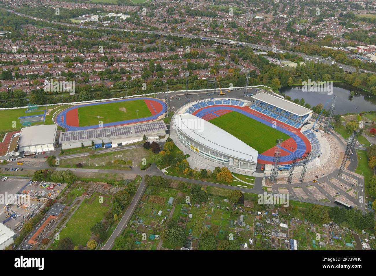 A general overall aerial view of the track at Alexander Stadium, Monday ...