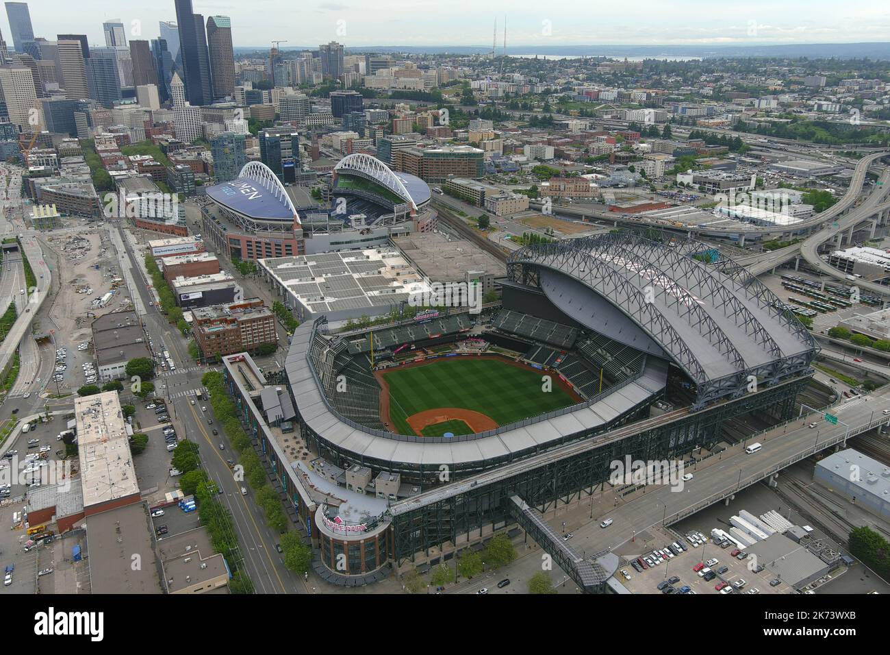 A general overall aerial view of T-Mobile Park (foreground) and Lumen ...